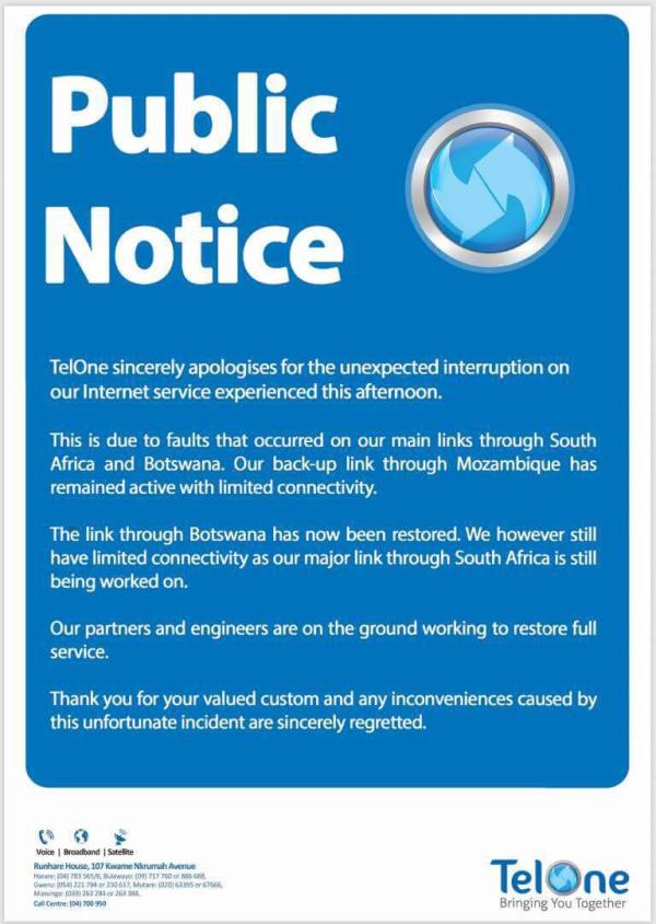 Update: TelOne statement on major internet outage in Zimbabwe. Country ...